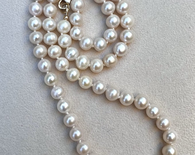 Genuine Pearl Necklace, Hand Knotted, Creamy White Almost Round Pearl ...