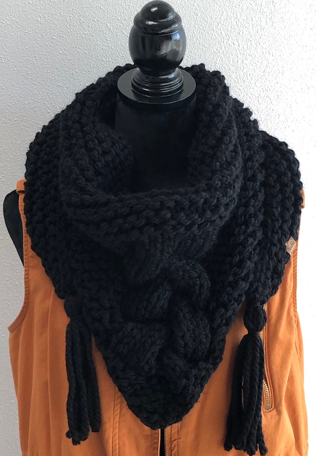 Black Knitted Triangle Braided Cable Scarf With Tassels - Etsy