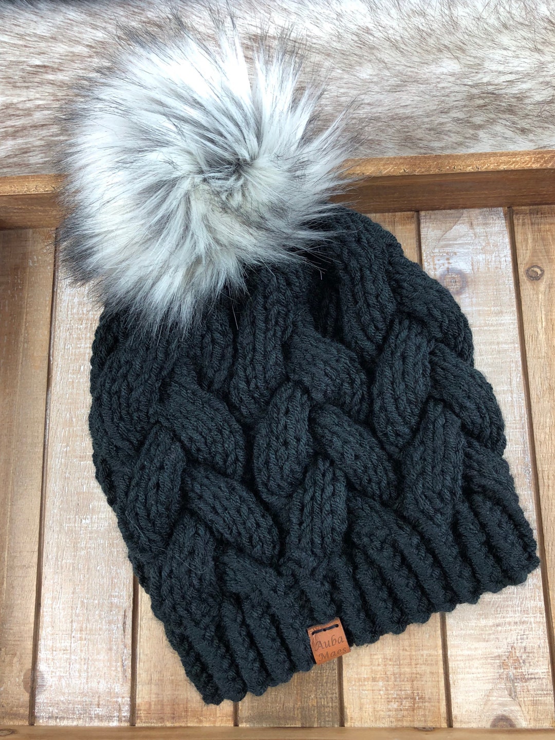 Knitted Black Cable Beanie, Chunky Acrylic Hat, Detachable Faux Fur Pom ...
