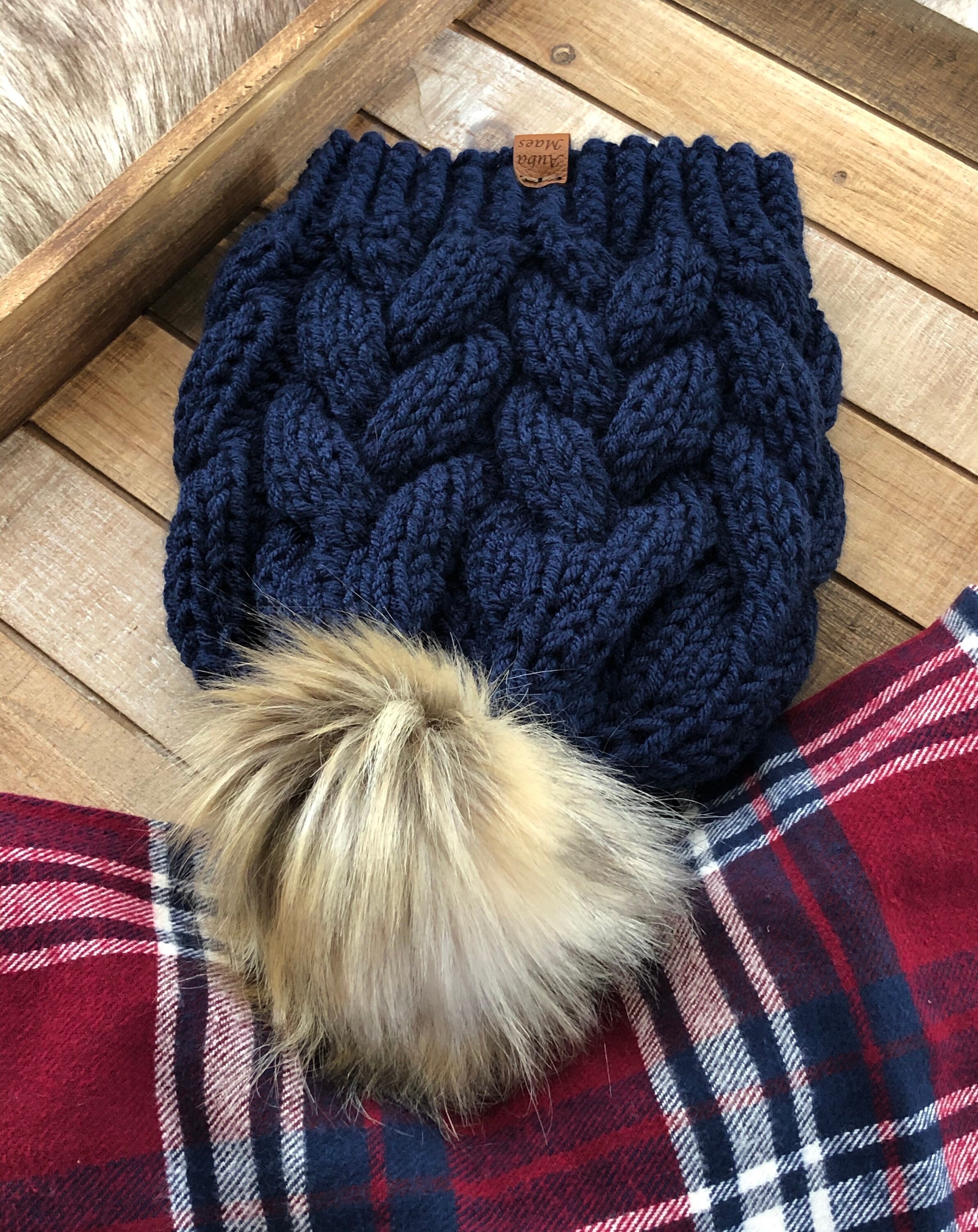 Knitted Blue Cable Beanie With Detachable Faux Fur Pom, Knitted Braided ...