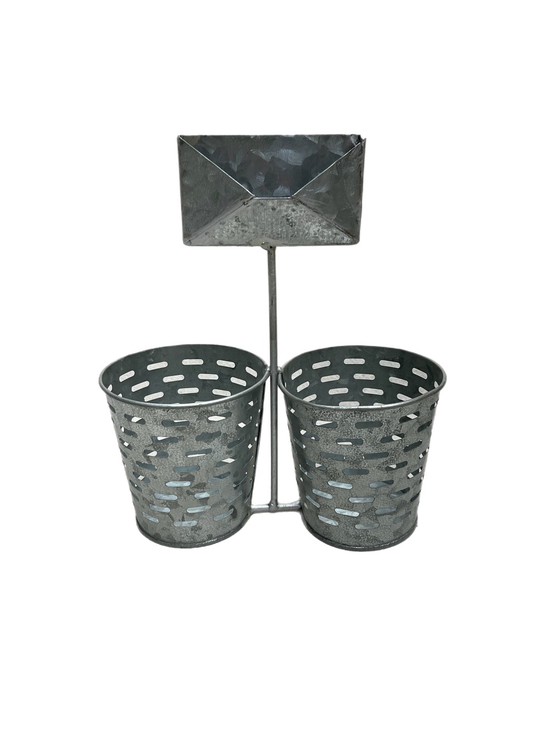 Double Galvanized Utensil Caddy With Card Holder, Kitchen Organization ...