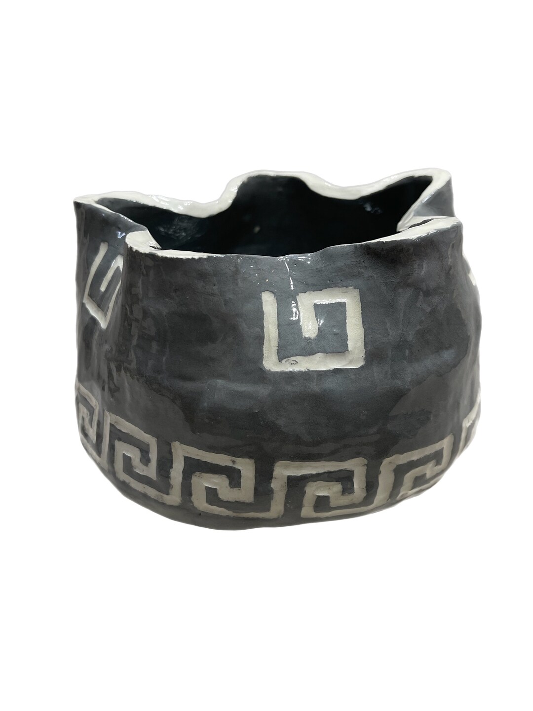 Large Handmade Grey With White Greek Keys Design Pottery Bowl - Etsy