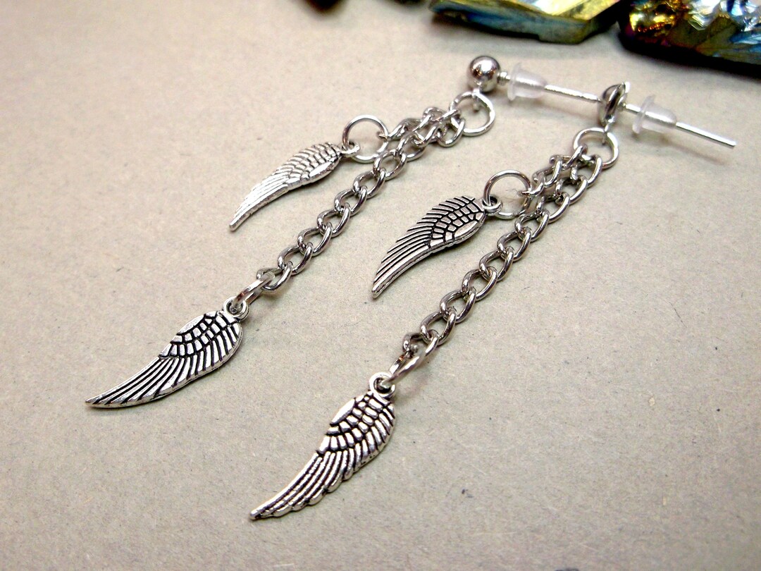 Men Wing Dangle Two Charm Dangle Chain Wing Earring Double Charm Dangle ...
