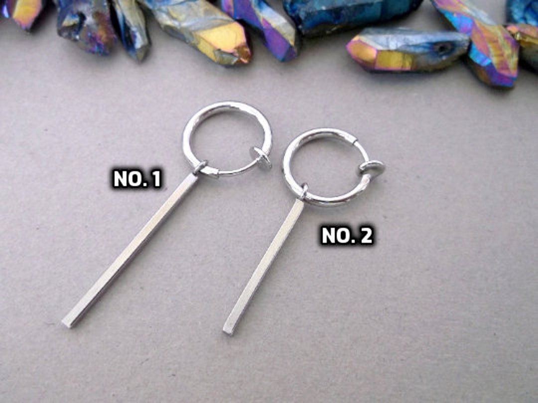 Long Clip-on Dangle Stick Earring One Stick Clip-on Silver Bar Earring ...