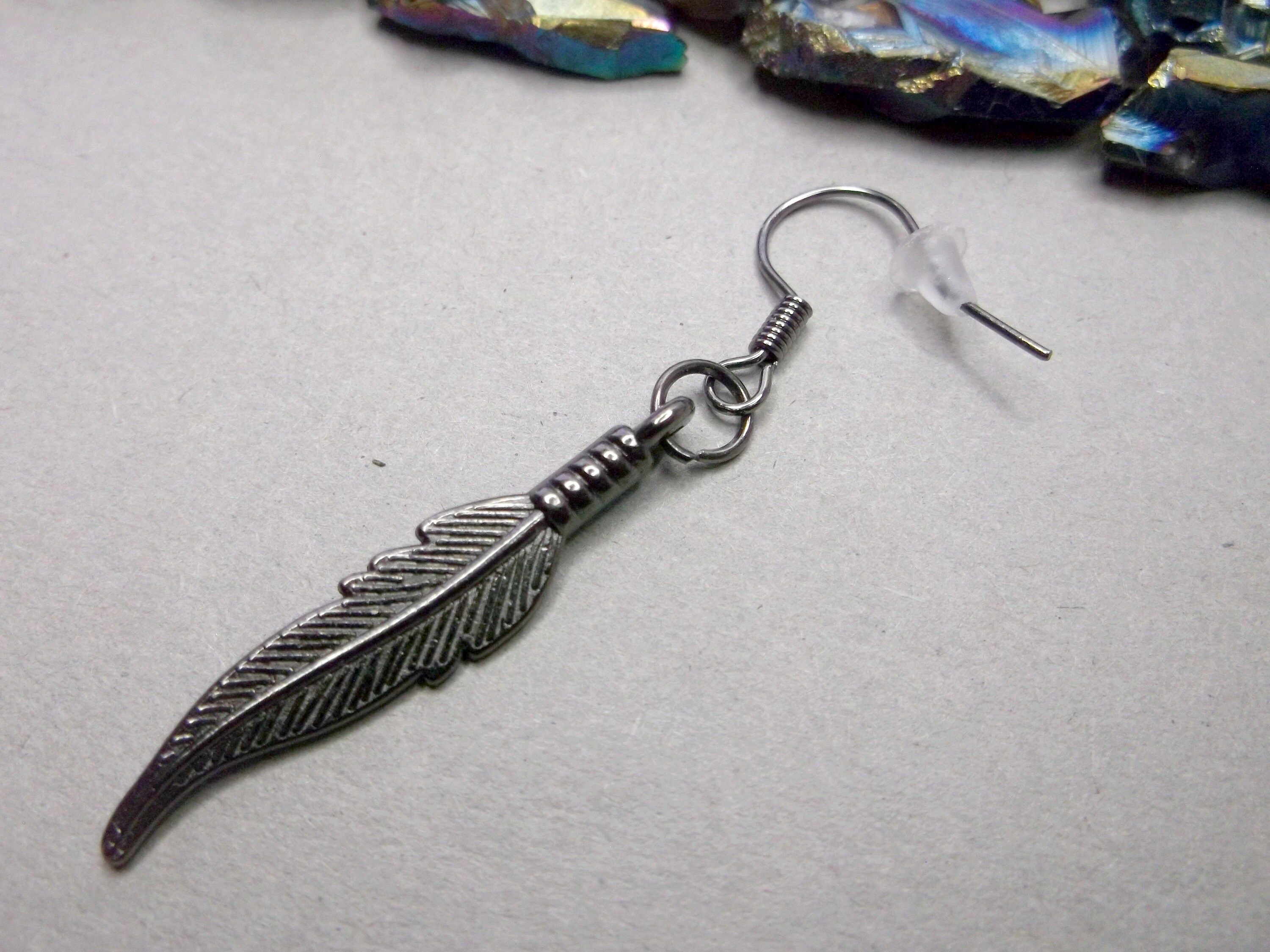Black Feather Dangle, Male Feather Dangle, Gunmetal Men Dangle, Goth ...