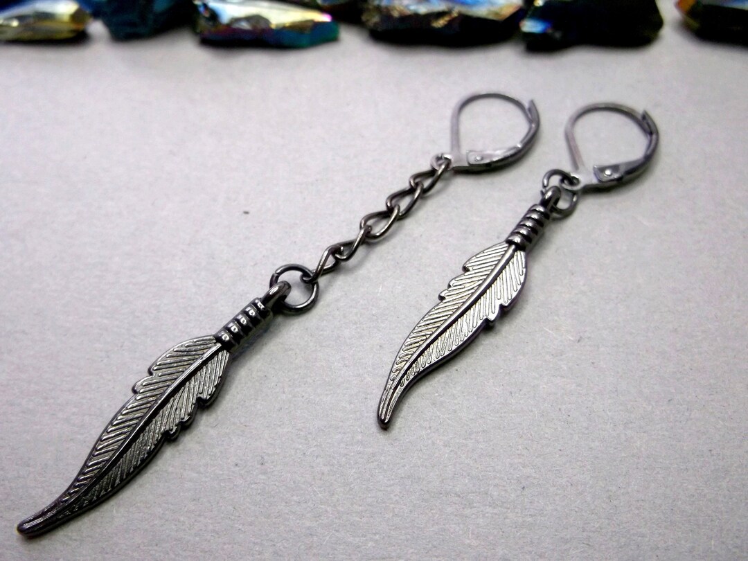 One Feather Dangle, Gunmetal Feather Dangle, Friend Dangle, Goth Dangle ...