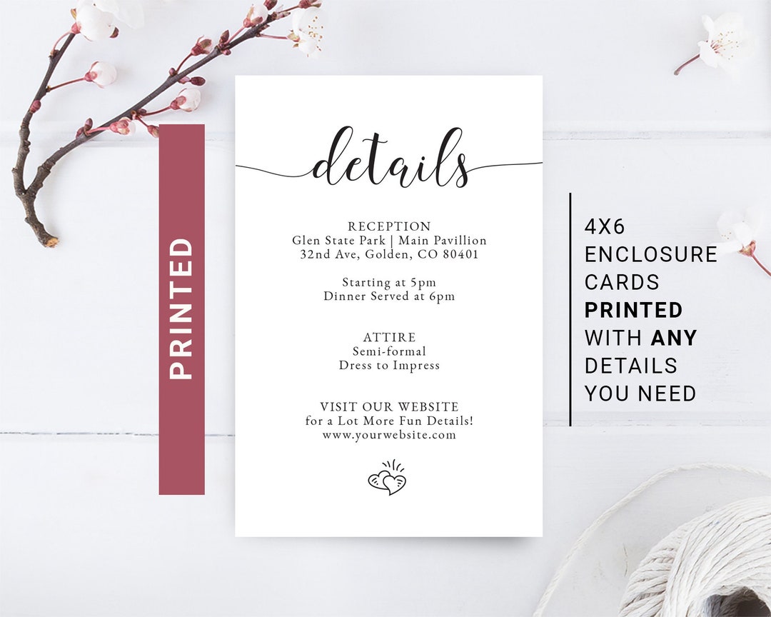 Printed Details Cards Wedding Reception Card 4x6 Enclosure - Etsy