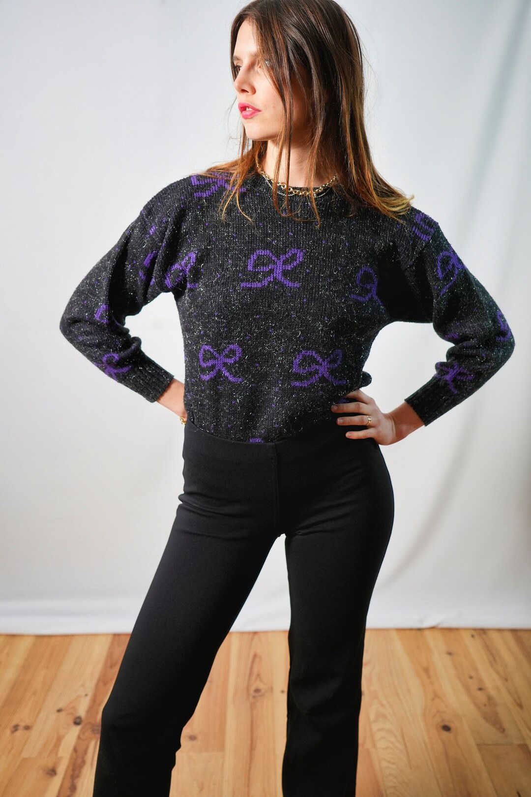 Vintage Shiny Black Sweater With Purple Bows I Women's Fancy Sweater I ...