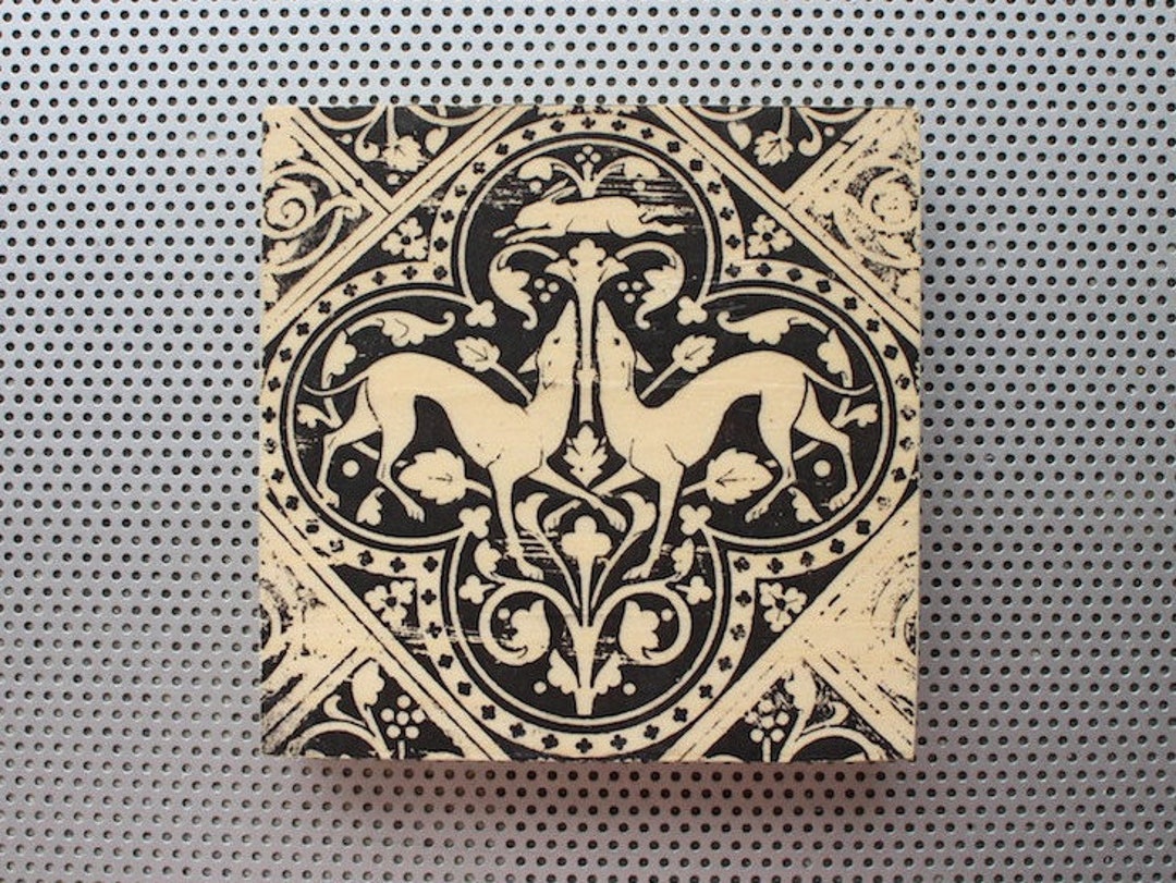 Medieval Greyhounds Print / 4 Inch Black & White OOAK Handmade Wood ...