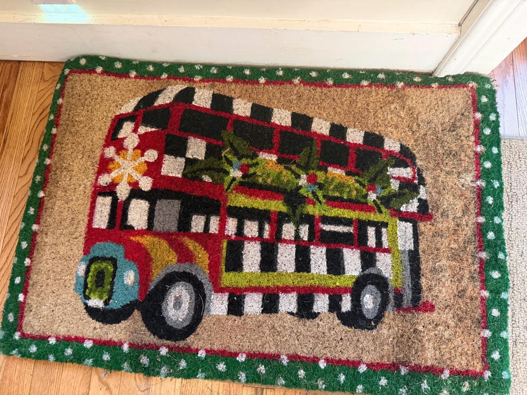 Mackenzie Childs Courtly Check Double Decker Bus Holiday Welcome Mat ...