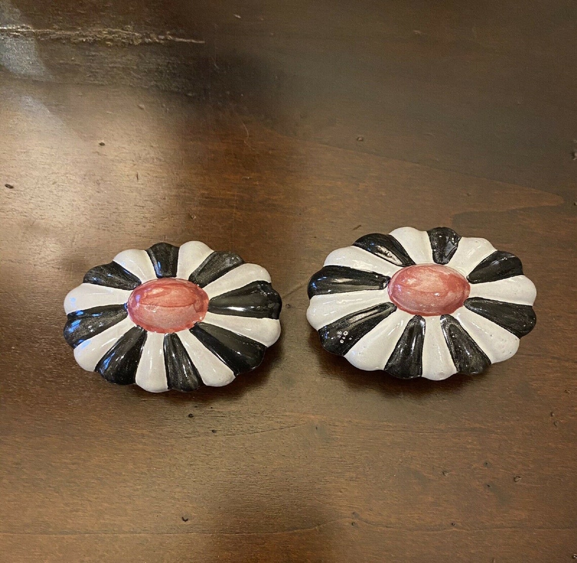 Mackenzie Childs Pink Black White Flower Floral Cabinet Door Drawer Knobs Handles Pulls Set of 2 ...