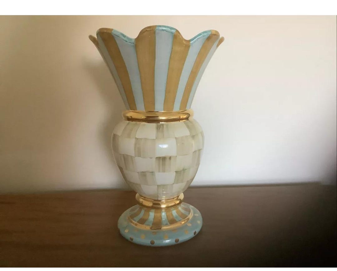 Mackenzie Childs Parchment Check Porcelain Cerami Tall Vase Rare, Hard ...