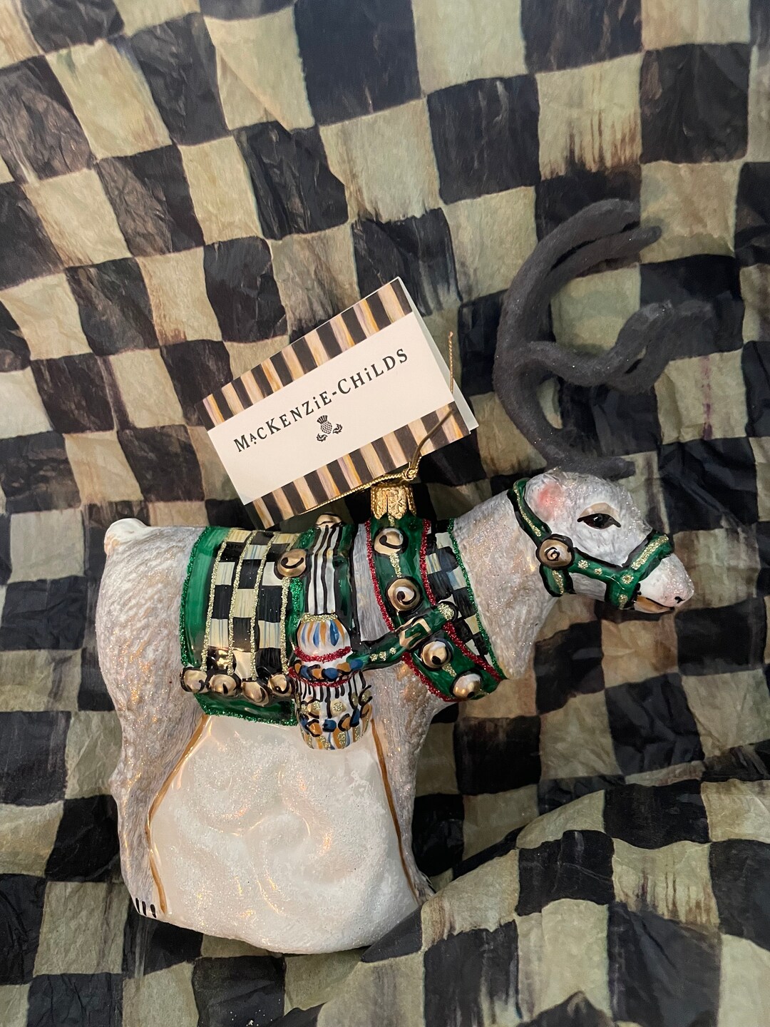 Mackenzie Childs Santa's Reindeer SUPER RARE Courtly Check Glass ...