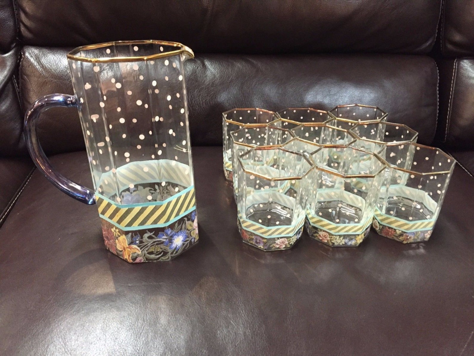 Mackenzie Childs Handpainted Floral Polka Dot Garland Glasses - SET of ...