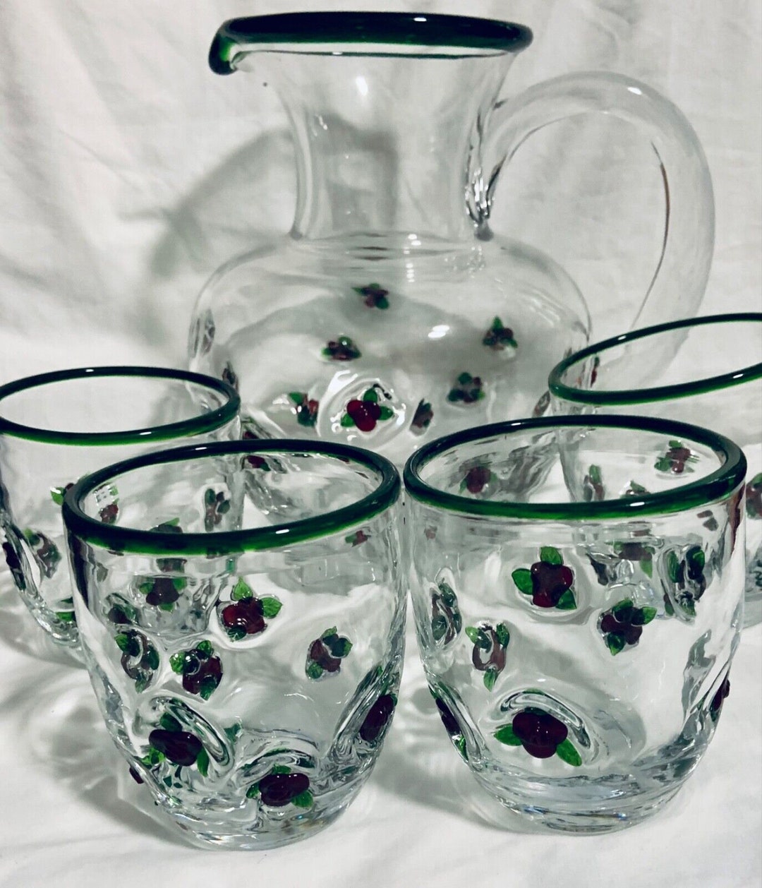 Mackenzie Childs Pitcher and 4 Cocktail Drink Water Glasses Designer ...