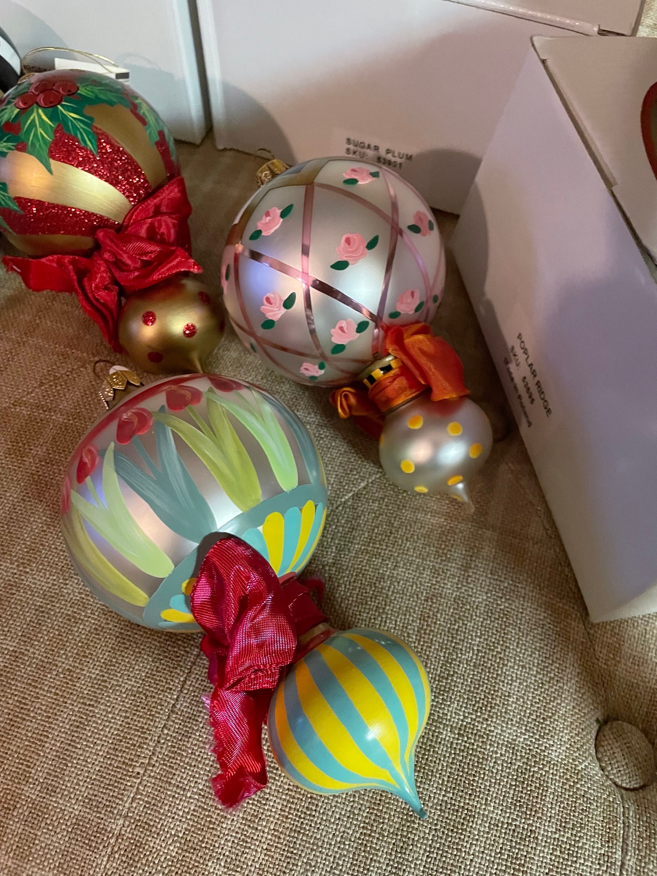 Mackenzie Childs Set of 7 Glass Christmas Tree Ornaments Courtly Check ...