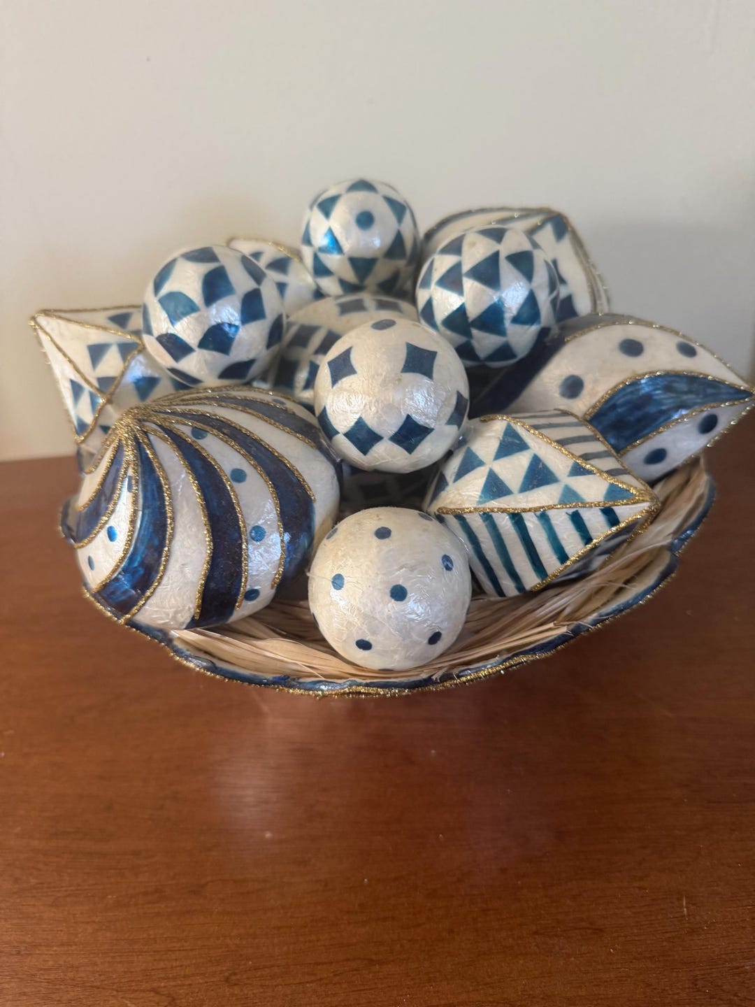 Mackenzie Childs Royal Blue Check Capiz Christmas Ornaments Table ...