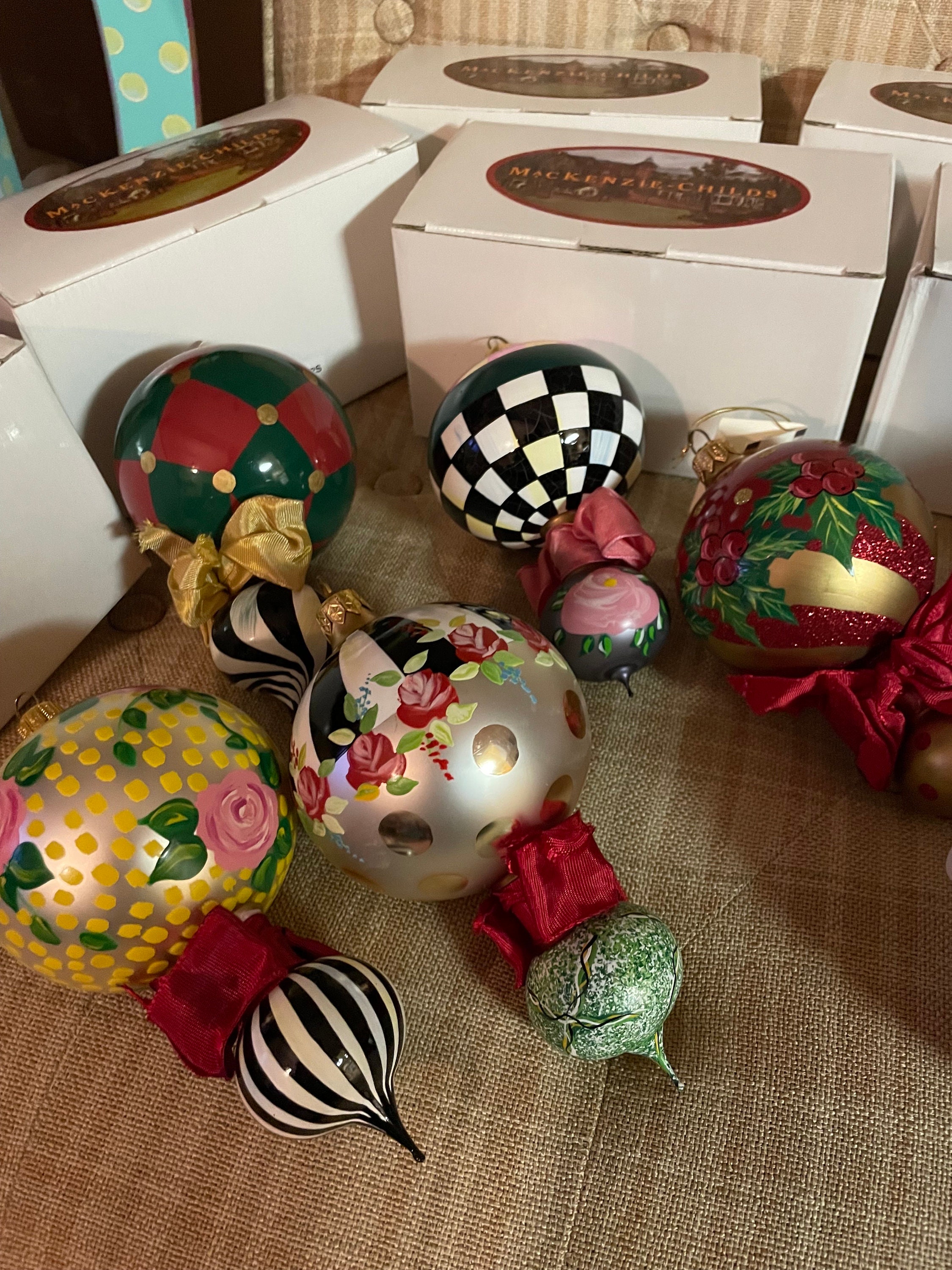 Mackenzie Childs Set of 7 Glass Christmas Tree Ornaments Courtly Check ...