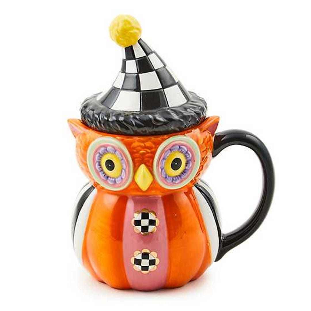 Mackenzie Childs Courtly Check Pottery Ceramic Owl Mug With Lid Hat New ...