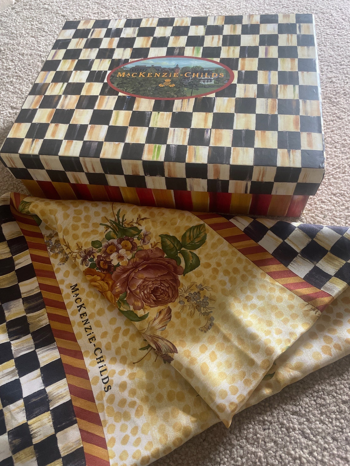 Mackenzie Childs Silk Courtly Check Scarf Flowers Courtly Check ...