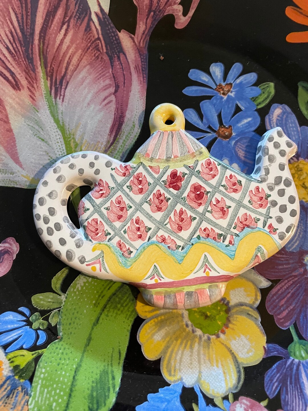 Mackenzie Childs Ceramic Pottery Teapot Christmas Tree Ornament Hanging ...
