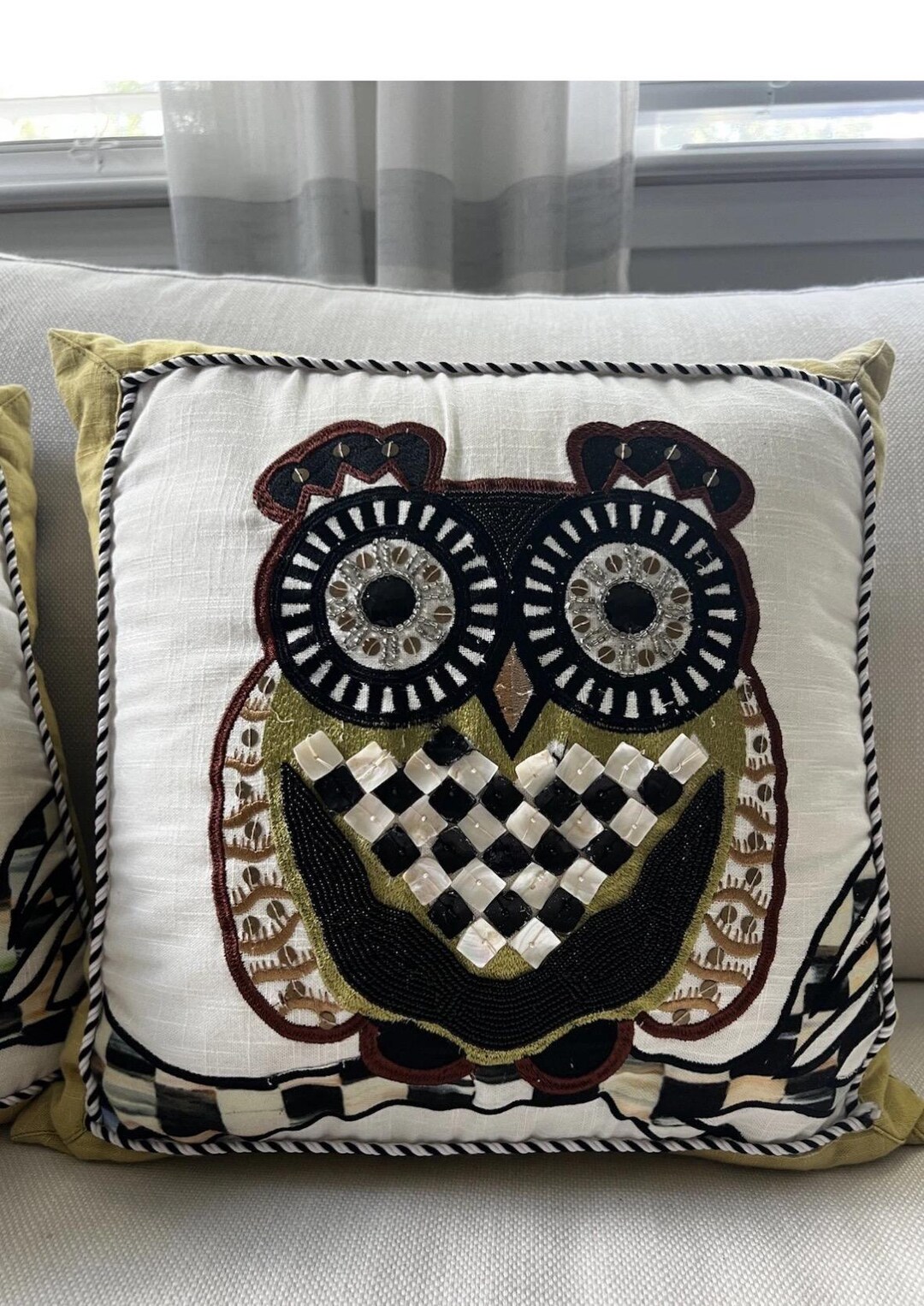 Mackenzie Childs Courtly Check Back Owl Pillows Whimsical Decor 16 ...