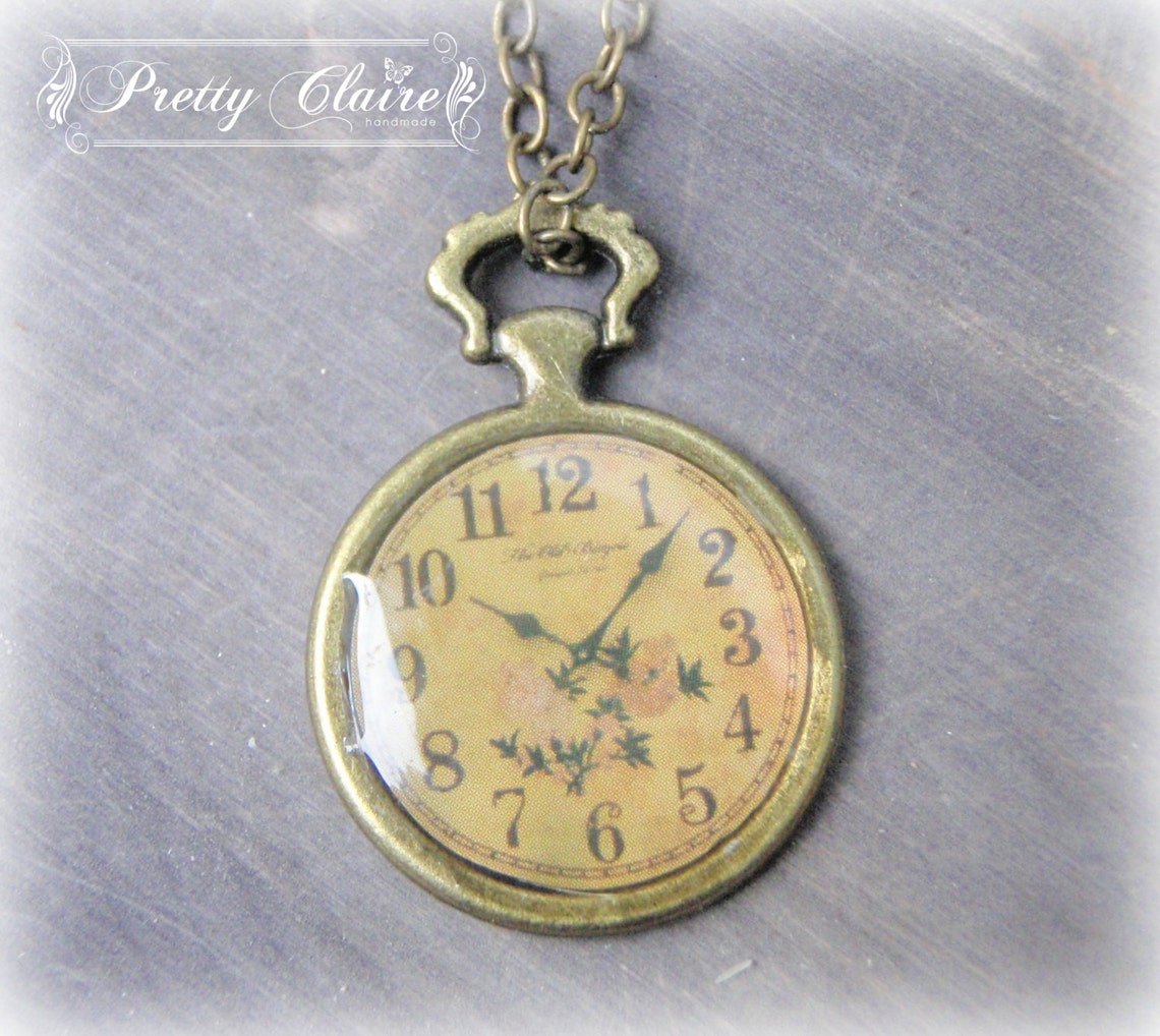 Clock Handmade Necklace, Clock Pendant, Vintage Pendant, Resin Jewelry ...