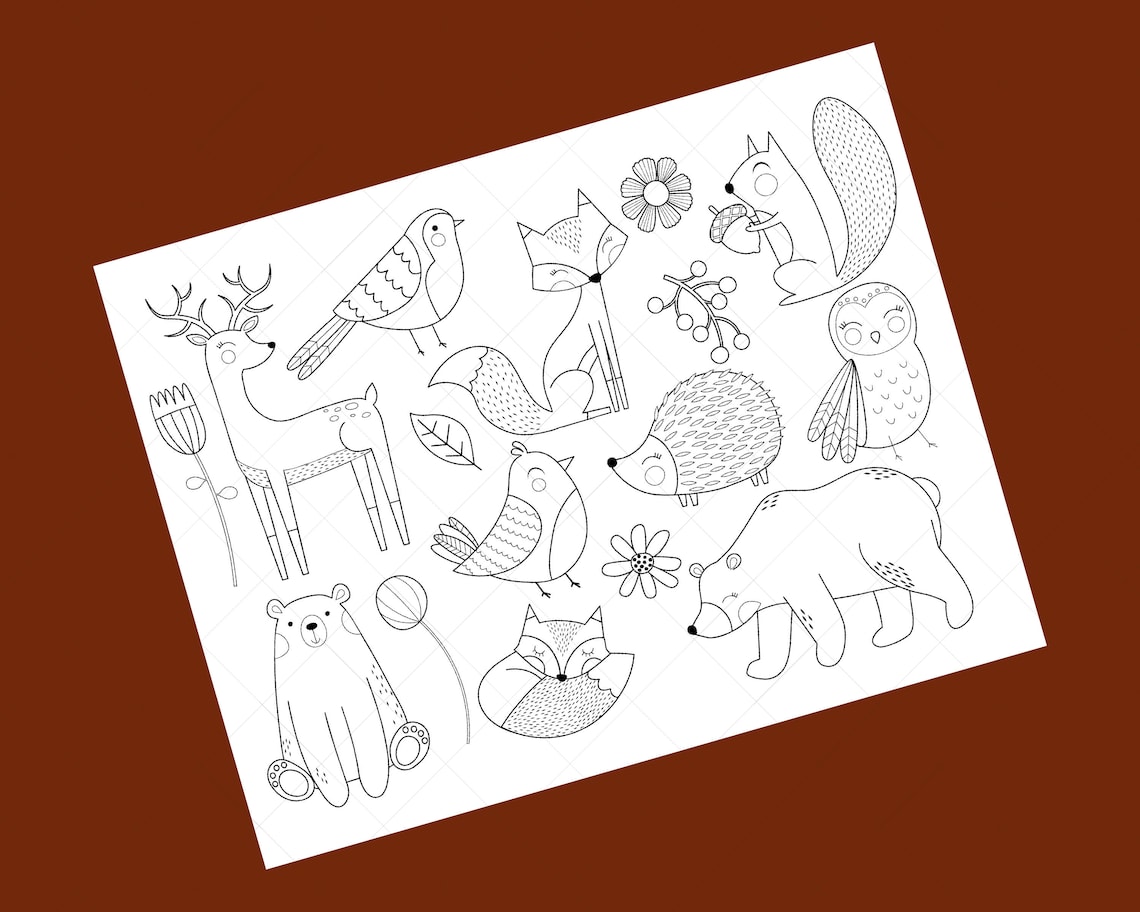 Woodland Animals Clipart Digital Stamps Black and White Line | Etsy