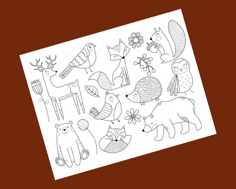 Woodland Animals Clipart Digital Stamps Black and White Line | Etsy