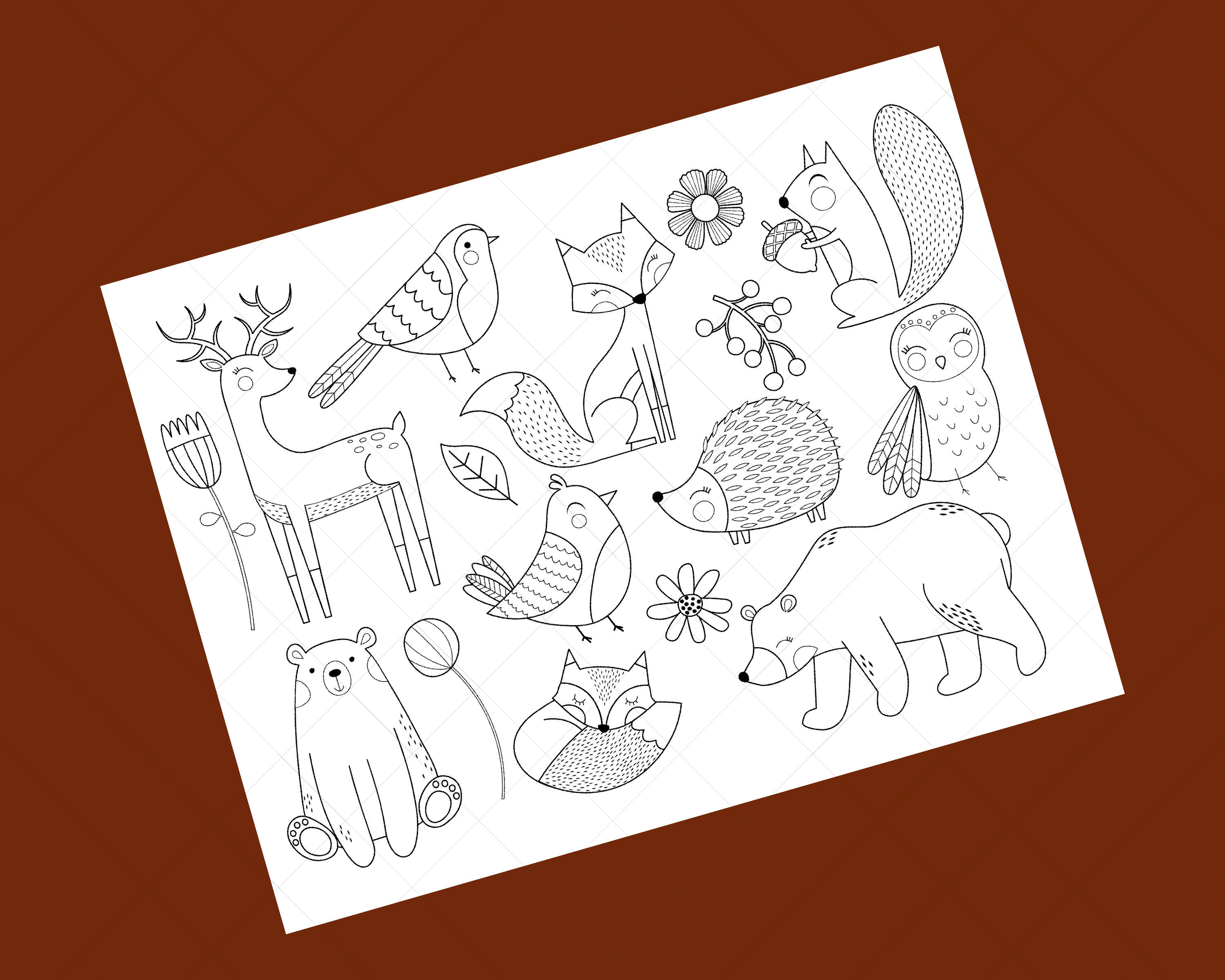 Woodland Animals Clipart Digital Stamps Black and White Line | Etsy