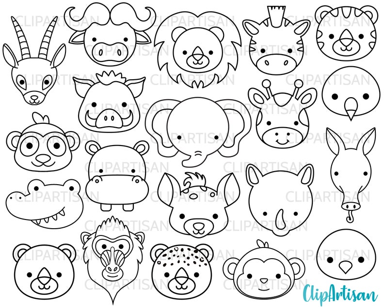 African Animal Faces Digital Stamos, Safari Animals Clip Art, Jungle ...
