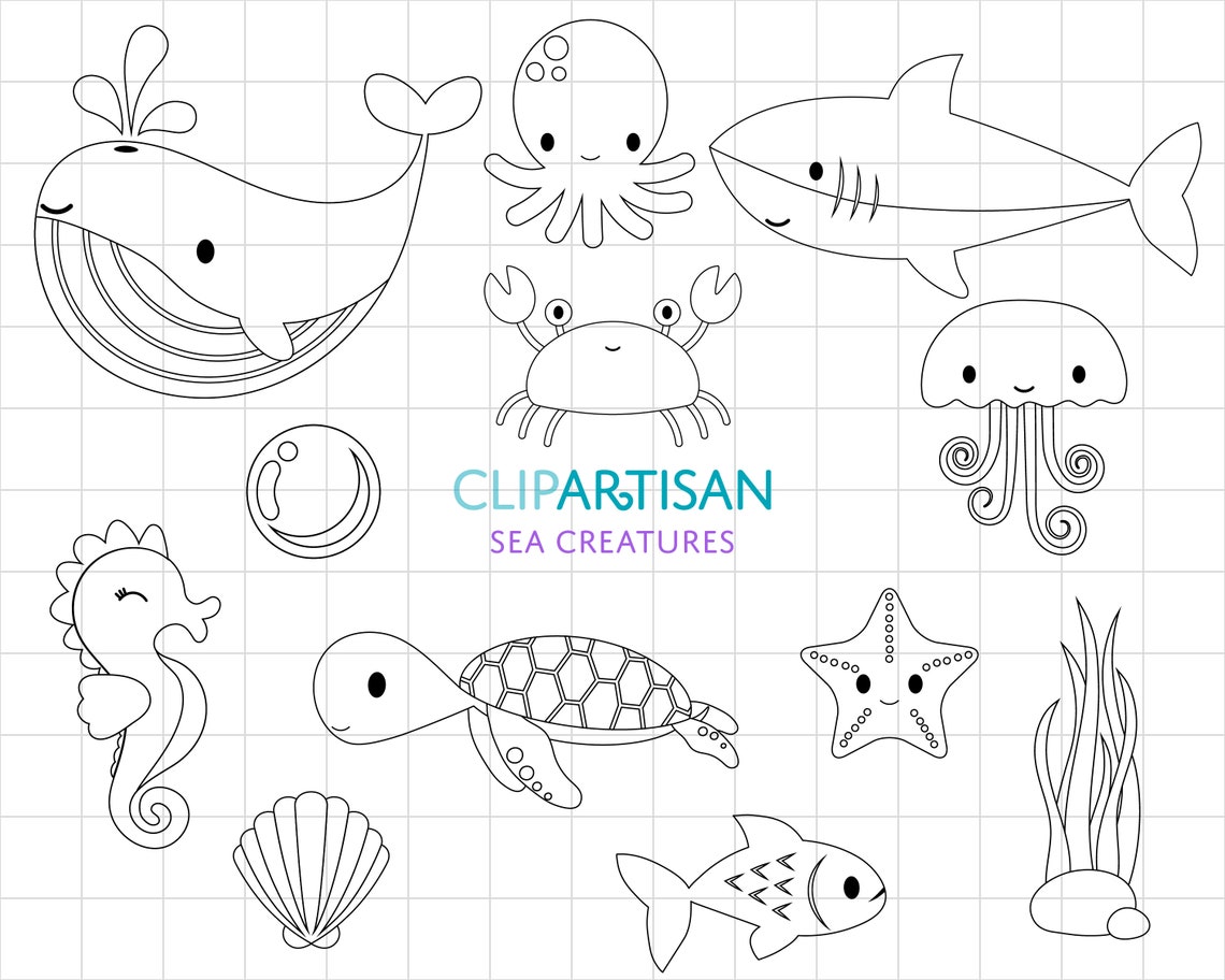 Sea Creatures Clipart Digital Stamp Whale Shark Turtle - Etsy