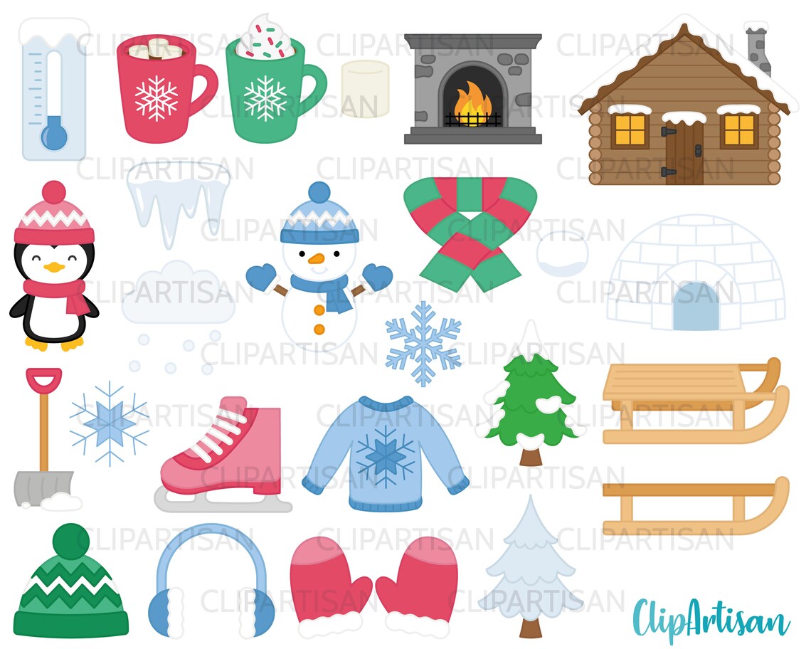 Winter Elements Clip Art, Igloo Clipart, Snowman, Holiday Clipart ...