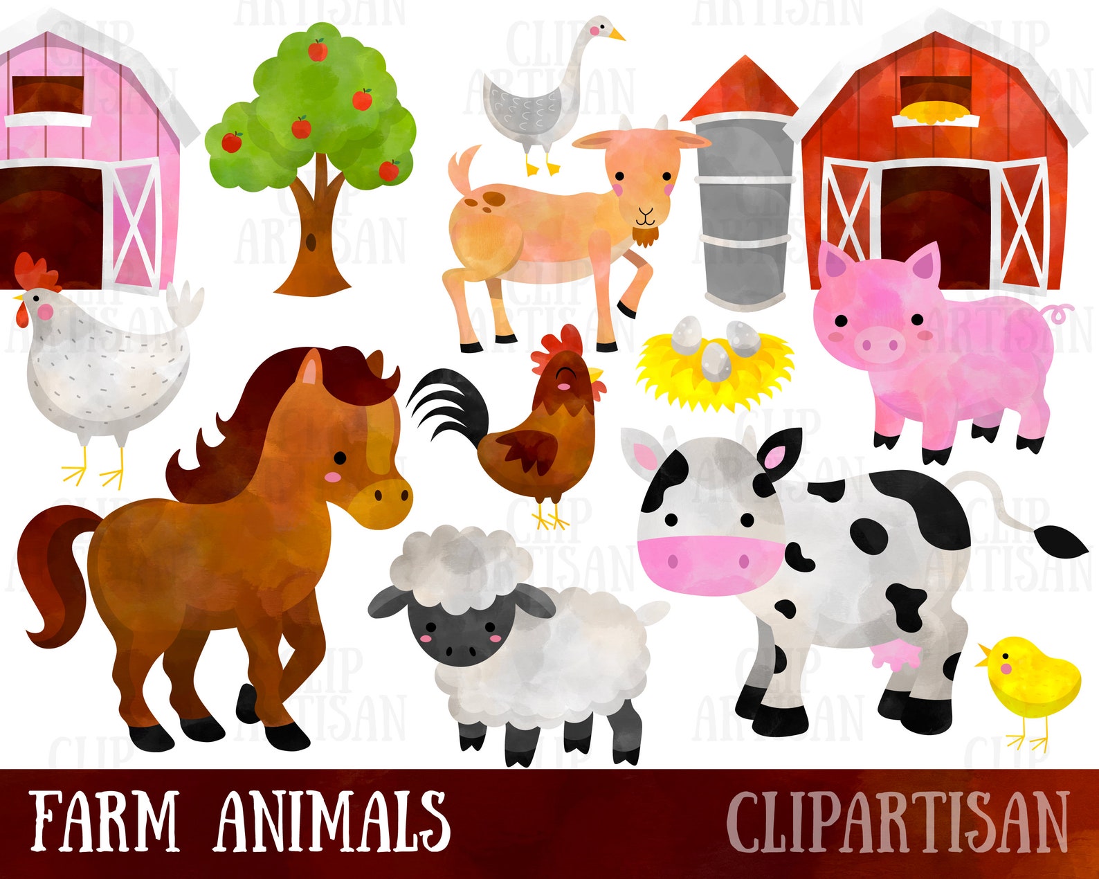 Watercolor Farm Animals Clipart Watercolor Horse Chicken - Etsy