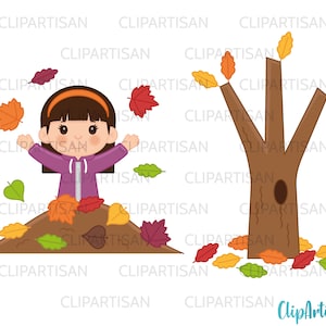 Fall Kids Clipart, Autumn Kids in Leaves Clip Art, PNG Instant Download ...