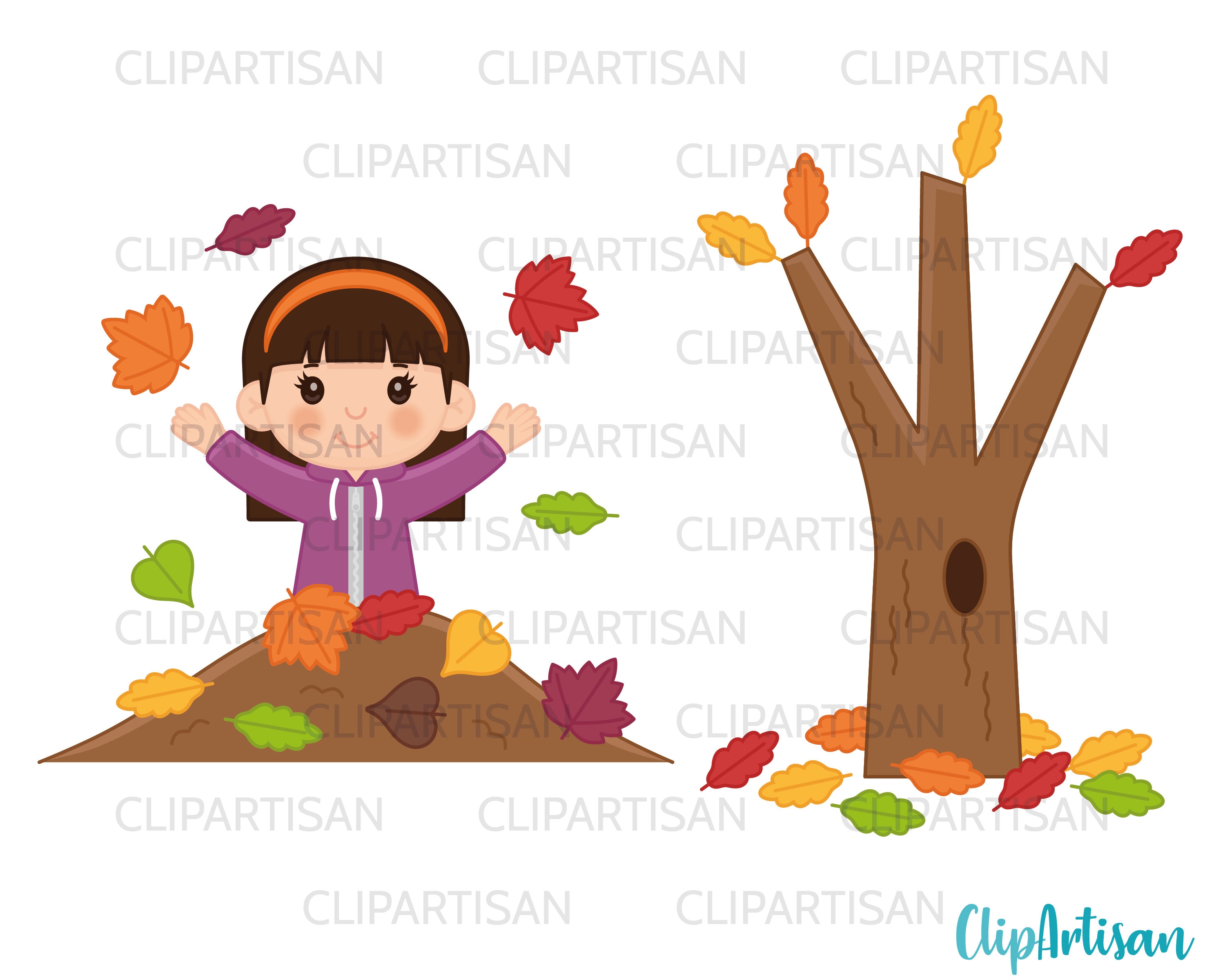 Fall Kids Clipart, Autumn Kids in Leaves Clip Art, PNG Instant Download ...