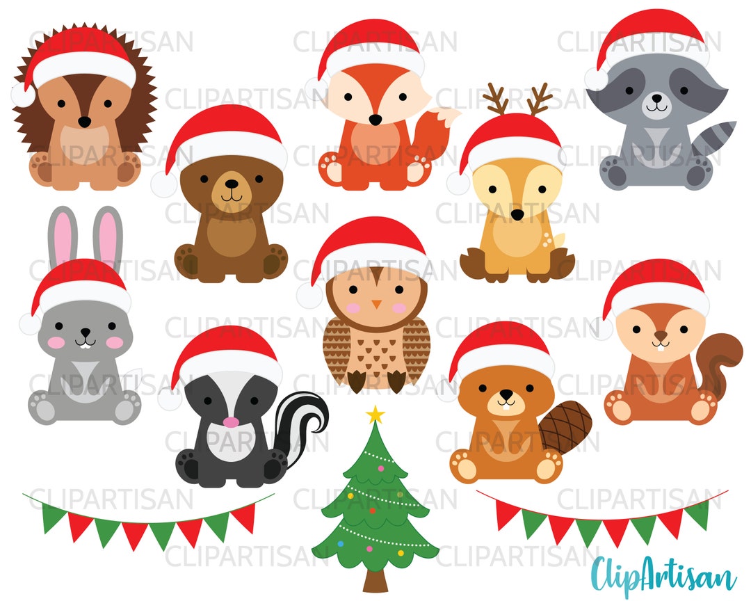 Christmas Woodland Animals Clip Art Animals in Santa Hats Bear Deer ...