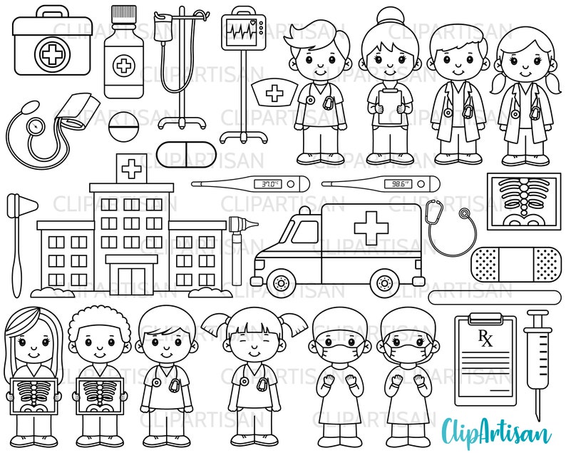 Doctor and Nurse Digital Stamps, Hospital Clipart, Ambulance, Cute ...