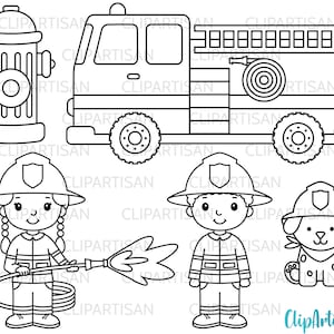 Firefighter Digital Stamps, Fire Fighter Clip Art, Fireman, Fire Engine ...