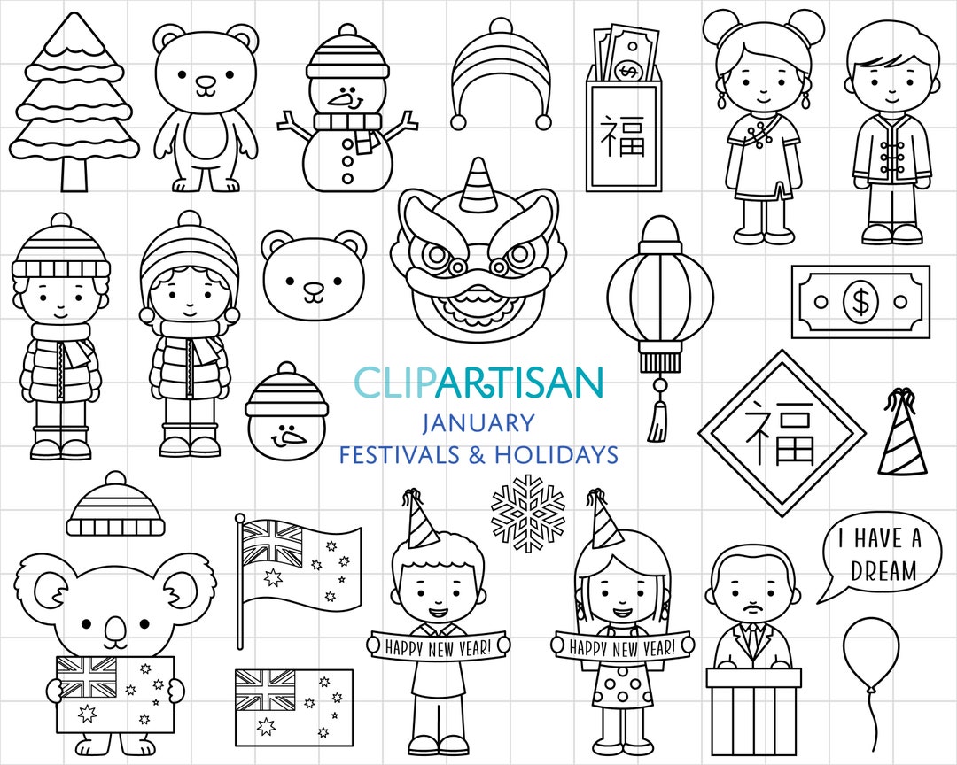 January Clipart, Chinese New Year Digital Stamps, Lunar New Year ...