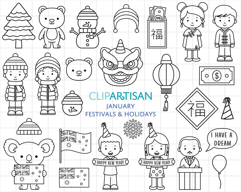 January Clipart, Chinese New Year Digital Stamps, Lunar New Year ...