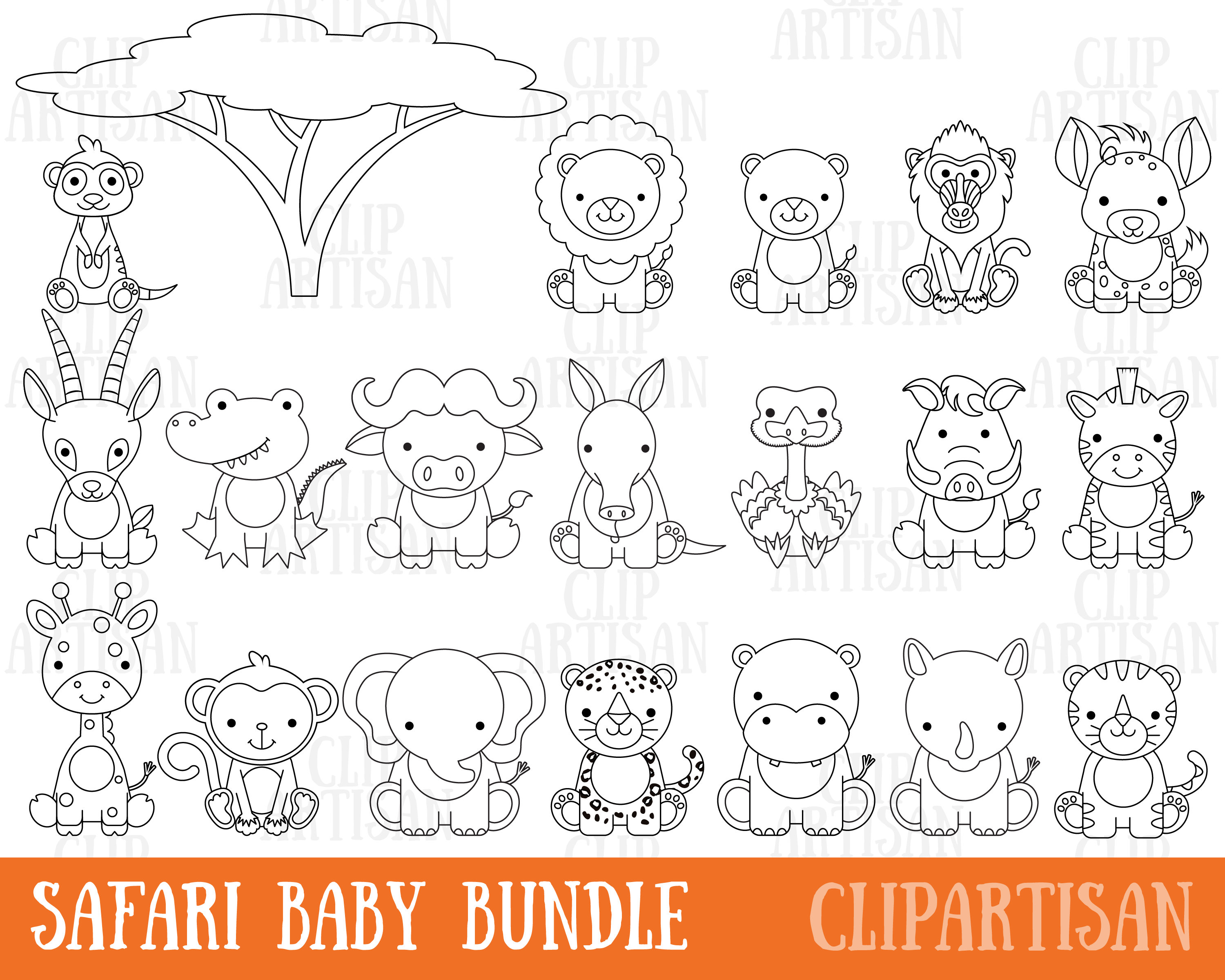 Baby Jungle Animals Clipart Black And White
