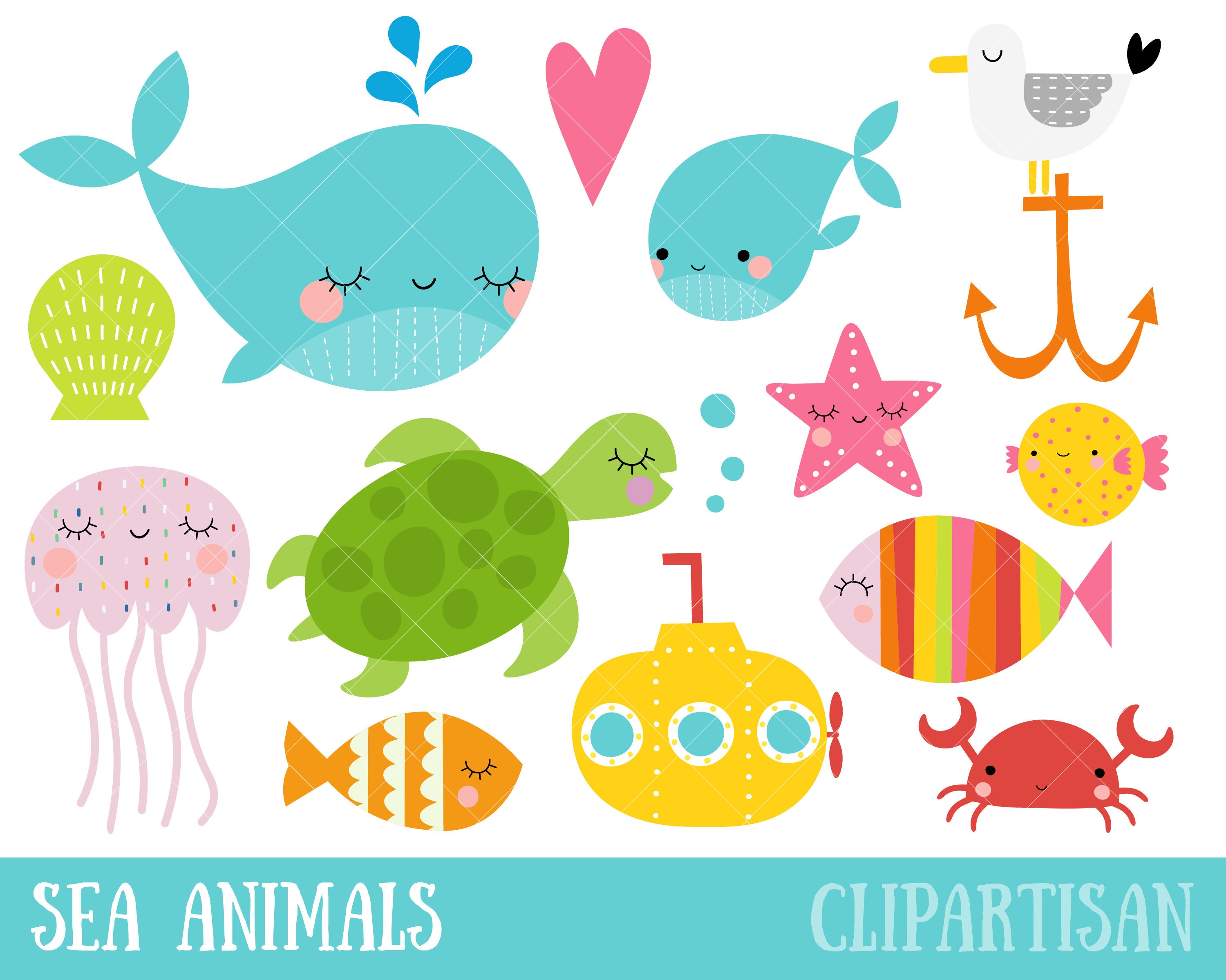 Sea Animal Clipart Mother and Baby Whale Submarine Clip | Etsy