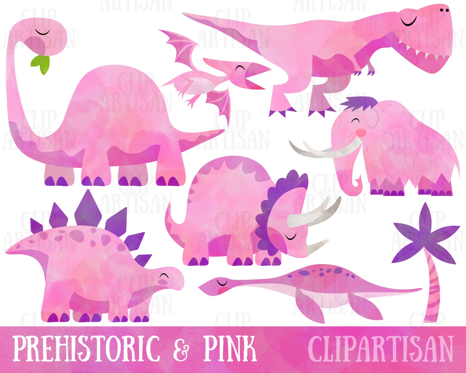Watercolor Dinosaur Clipart Pink Prehistoric Animal Clip Art - Etsy