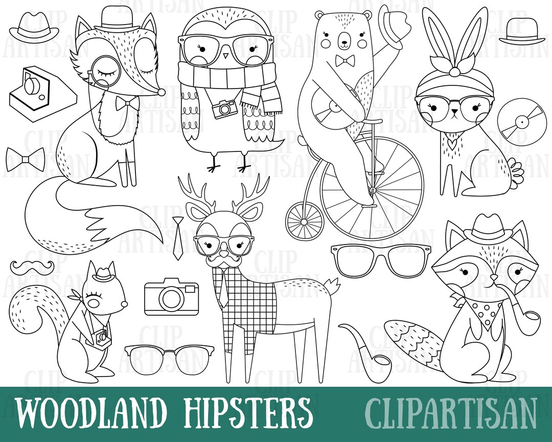 Woodland Hipster Animals Clipart, Digital Stamps - Etsy