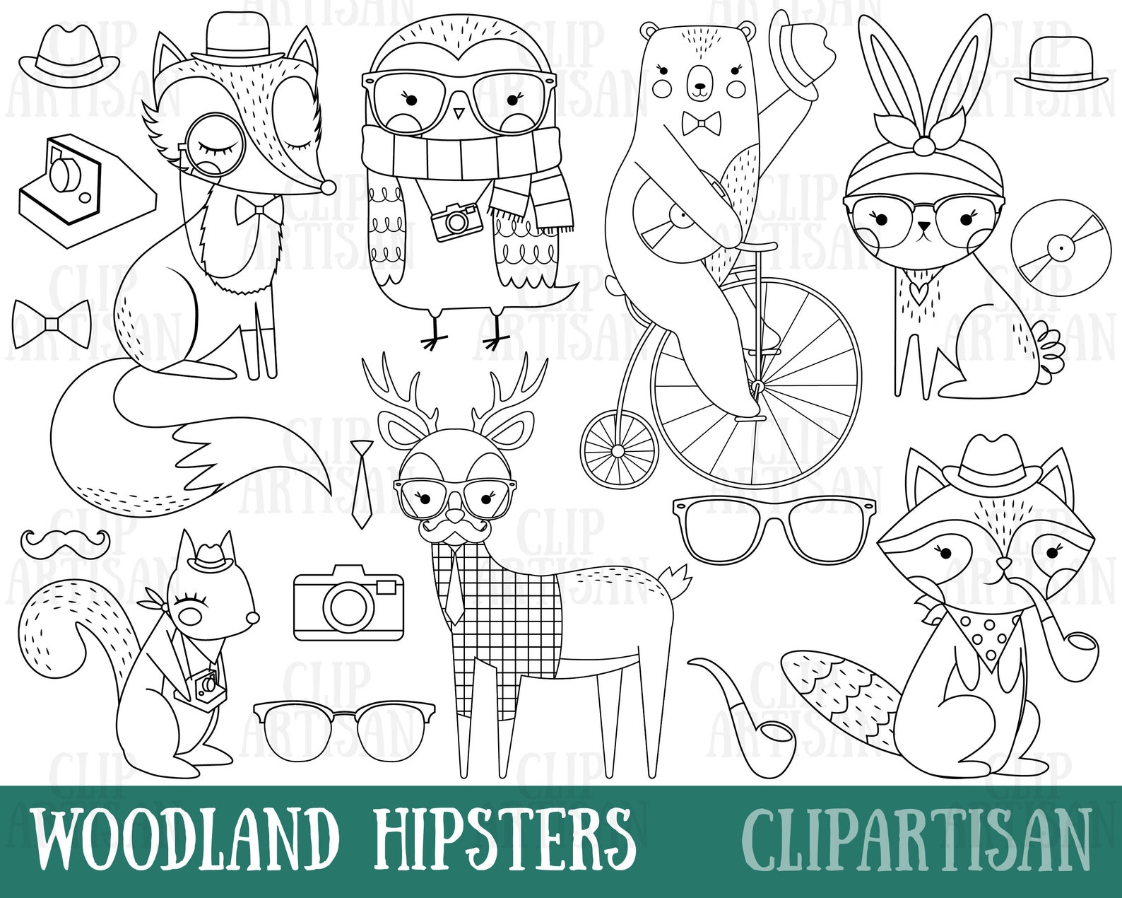 Woodland Hipster Animals Clipart Digital Stamps | Etsy