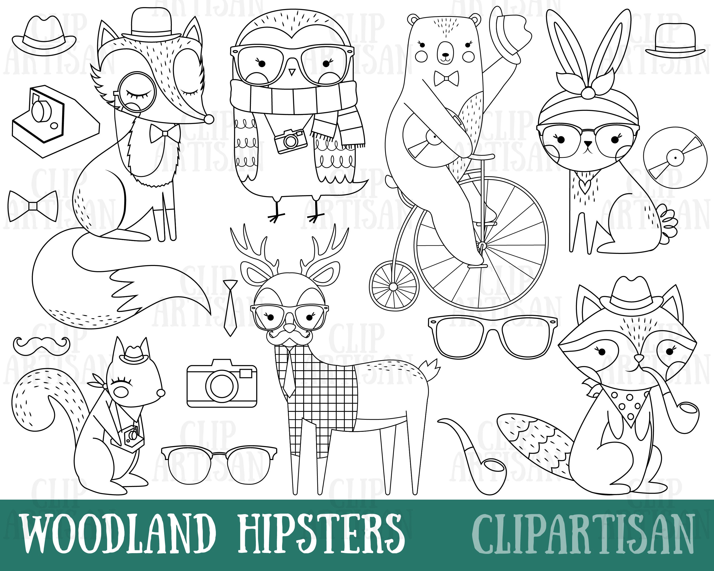 Woodland Hipster Animals Clipart Digital Stamps | Etsy