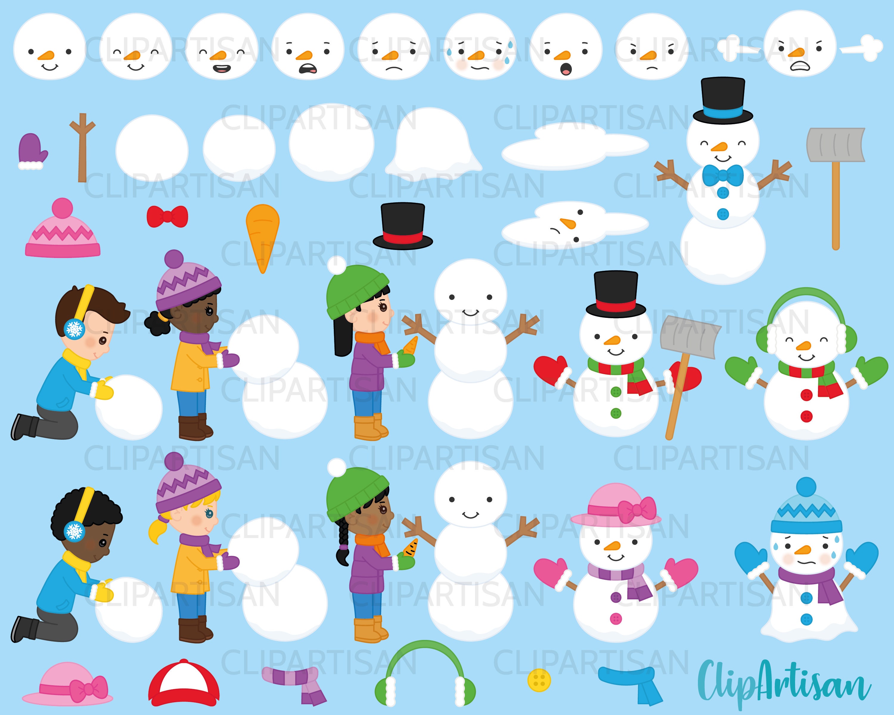 Winter Kids Clipart Bundle, Snow Day, Christmas, Build a Snowman ...