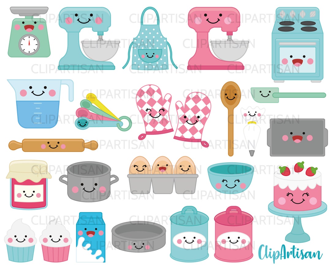 Kawaii Baking Clipart, Cute Kitchen Cooking Clip Art Set, PNG Instant ...