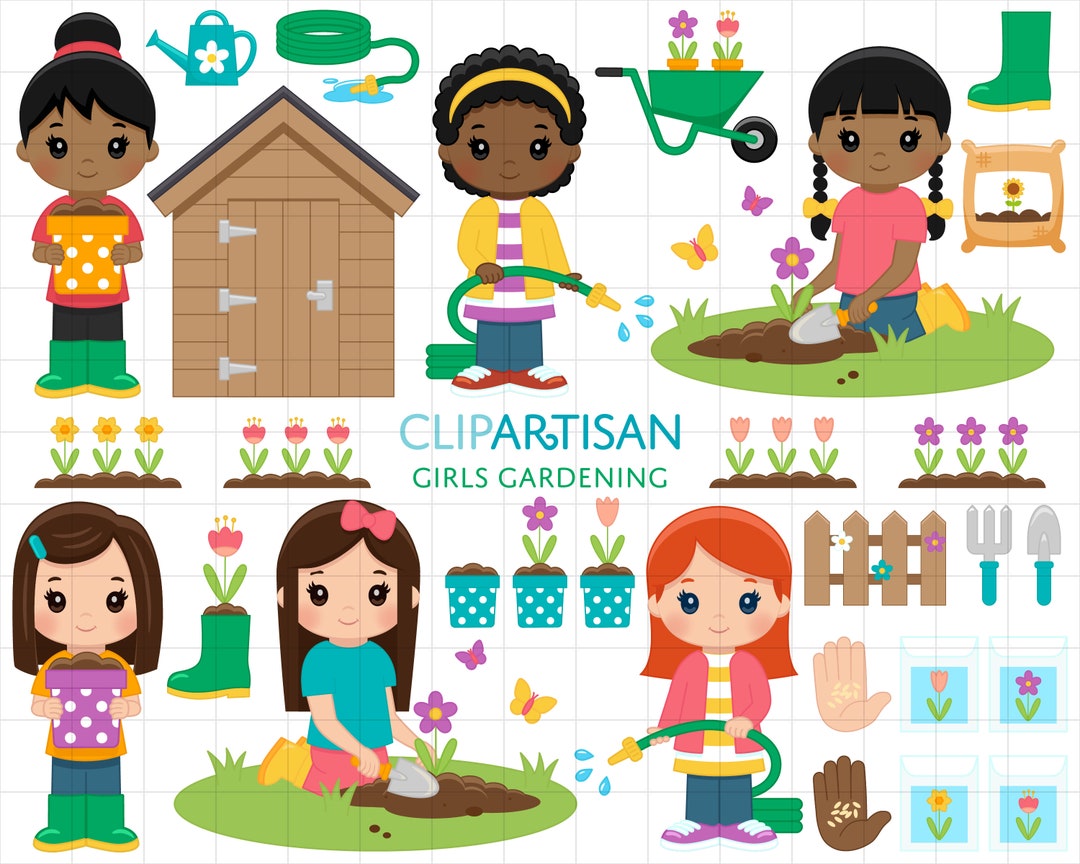 Gardening Clipart, Girls Gardening Digital Stamps, Girl and Boy Spring ...